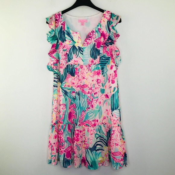Lilly Pulitzer | Dresses | Lilly Pulitzer Xs Nora Dress Multi Via Flora Pink Teal Ruffle ...